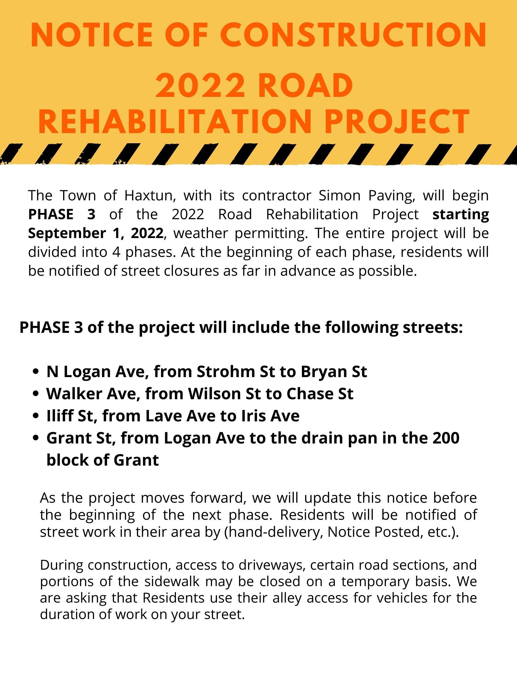 2022 Road Rehab Project PHASE 3 | Town of Haxtun